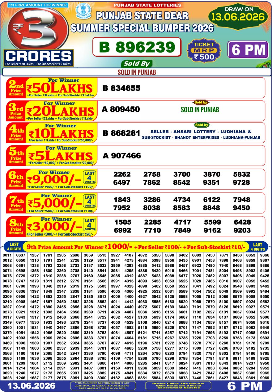 Punjab State Dear Summer Special Bumper Lottery Result 2026